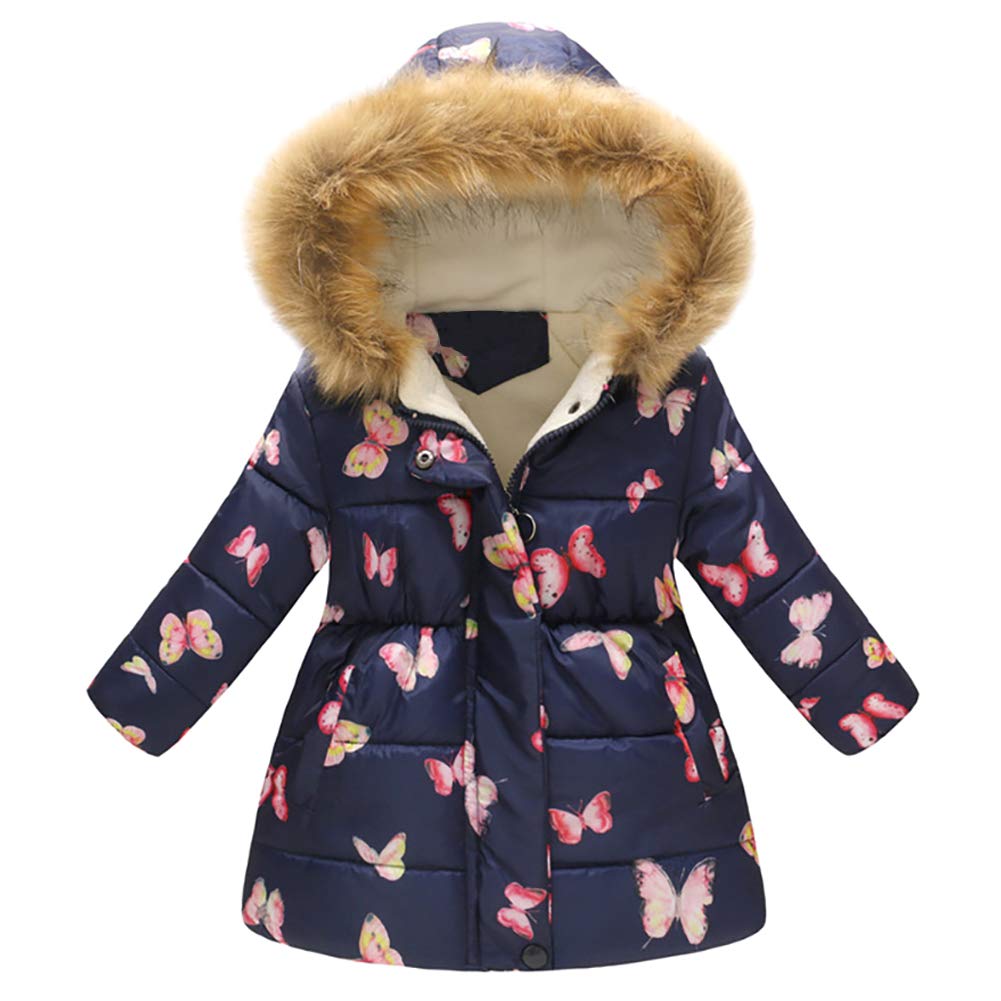 Kids Toddler Baby Girls Boys Fall Light Puffer Floral Print Faux Fur Hoodie Zip Up Fleece Jacket Thick Down Winter Warm Coats Windproof Peacoat Overcoat Outwear Windbreaker Blue-Butterfly 3-4 Years