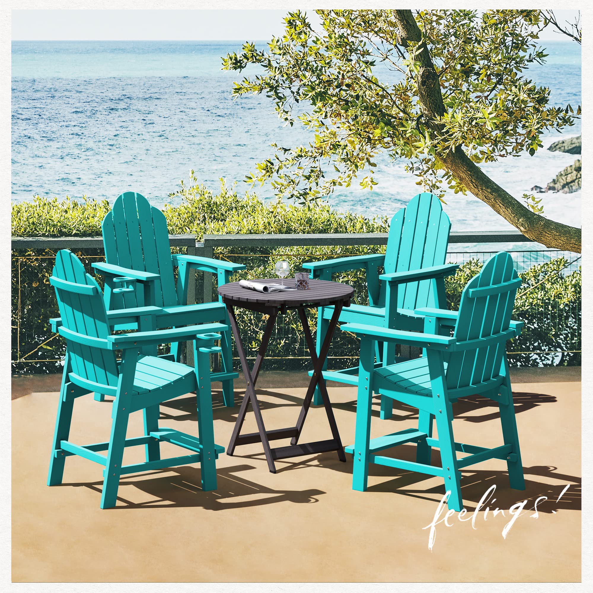 LUE BONA Tall Adirondack Chairs Set of 2, Recycled Poly Adirondack Chair Bar stools with Cup Holder, 25.6", 300Lbs, Eco-Friendly, Weather Resistant Lifeguard Chair for Balcony,Deck