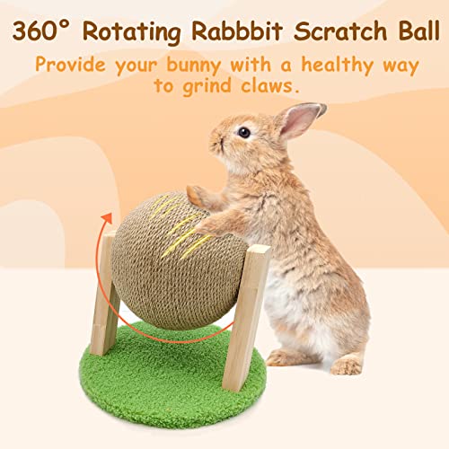 BNOSDM Rabbit Scratch Toy Natural Sisal Wood Rabbit Scratching Ball Toy Bunny Scratcher with Ball for Indoor Rabbits Bunnies Kittens Ferrets Chinchillas Small Animals (Small)