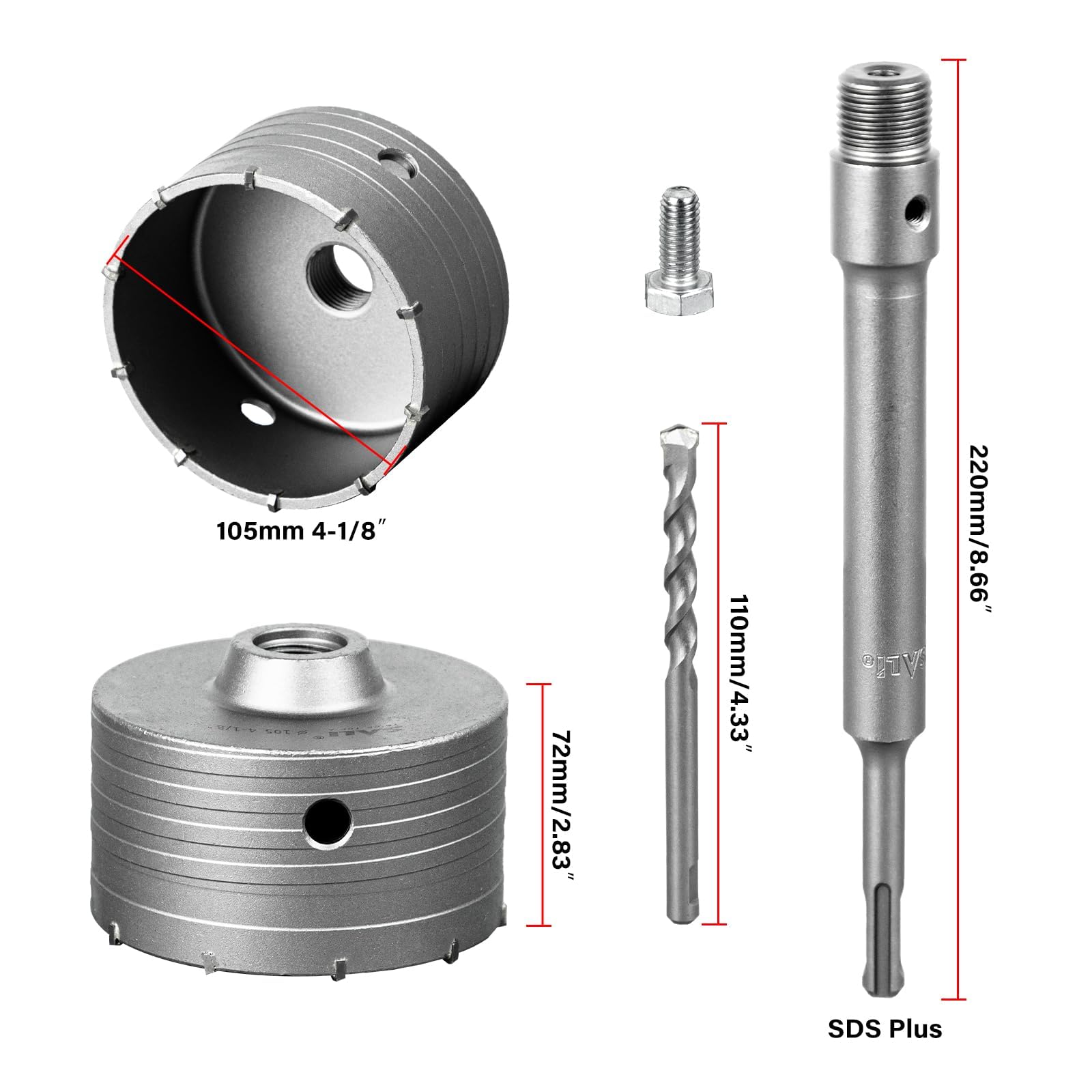 SALI Concrete Hole Saw Kits 4-1/8"(105mm) Tungsten Steel Wall Hole Cutter Drill Bit Sets with 220mm SDS Plus Shank Connecting Rod,110mm Center Positioning Drill Bits for Cinder Block,Brick,Adobe Wall