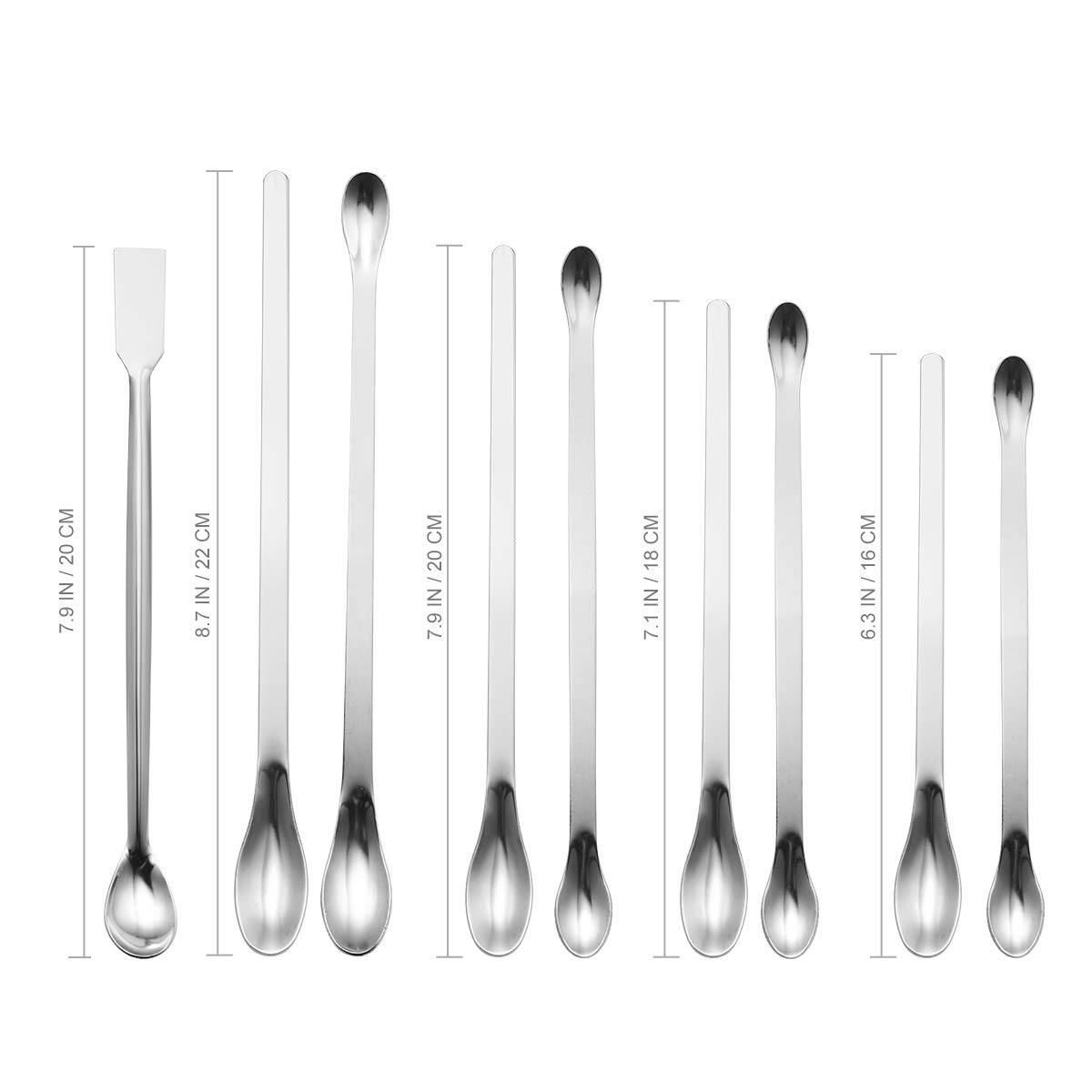 UKCOCO Lab Spatula,9 in 1 Stainless Steel Sampling Laboratory Scoops - Lab Mixing Spatulas,Length 16/18/20/22CM