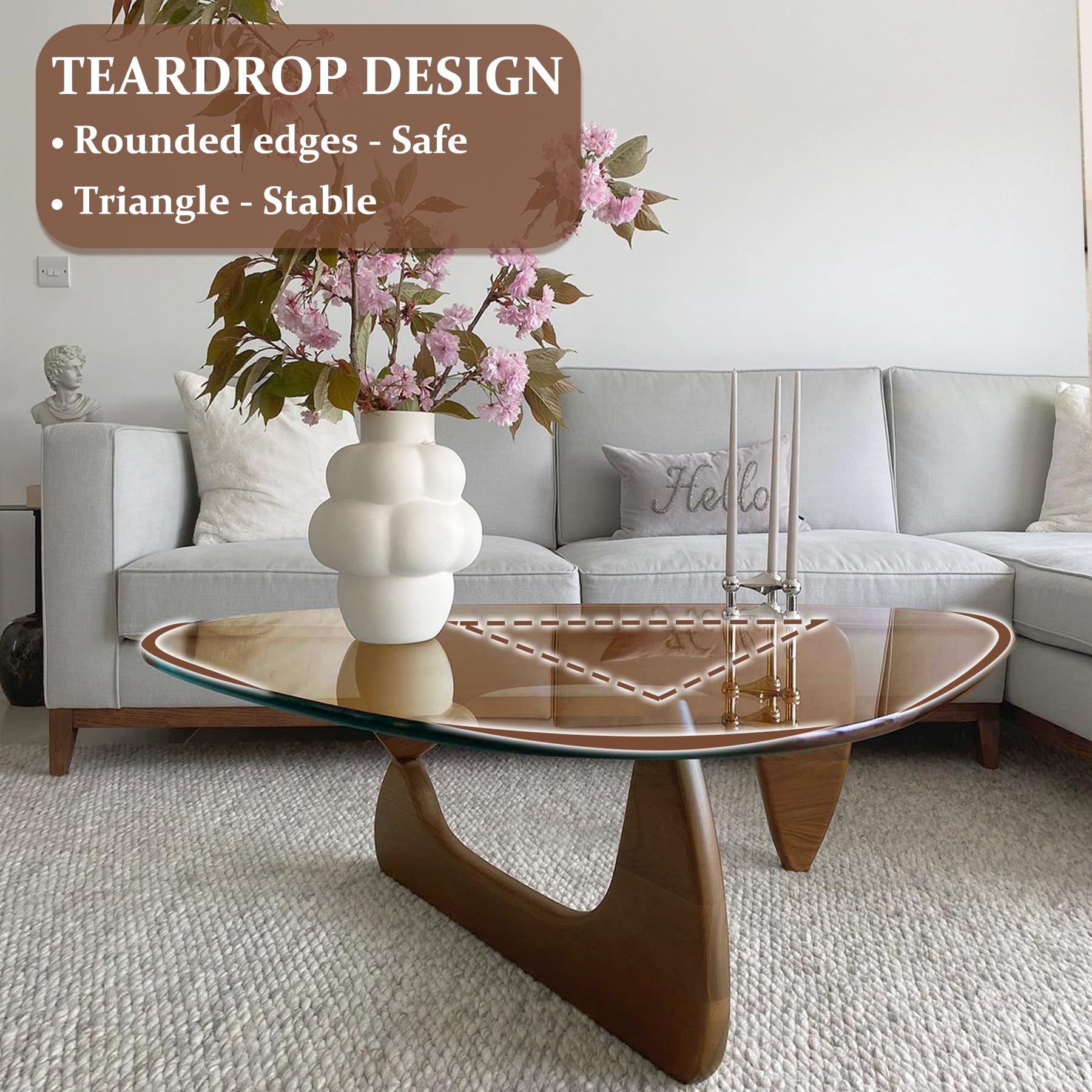 Mid-Century Modern Coffee Table - Triangle Glass Top Natural Wood Base Triangle Coffee Table for Living Room Patio Office Abstract End Tables (Walnut/Brown, Large 45 * 32.3 * 15.7)