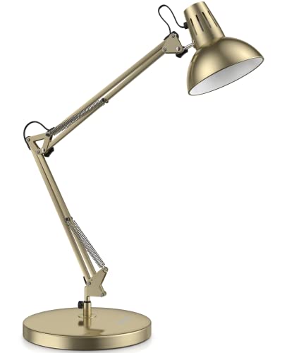 LEPOWER Metal Desk Lamp, Adjustable Goose Neck Architect Table Lamp with On/Off Switch, Swing Arm Desk Lamp with Clamp, Eye-Caring Reading Lamp for Bedroom, Study Room &Office (Brass)