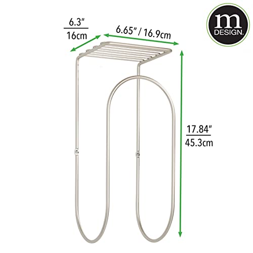 mDesign Modern Metal Wire Wall Mount Towel Rack Holder and Organizer with Storage Shelf - for Bathroom Towels, Washcloths, Hand Towels - Decorative Curved Design - Satin