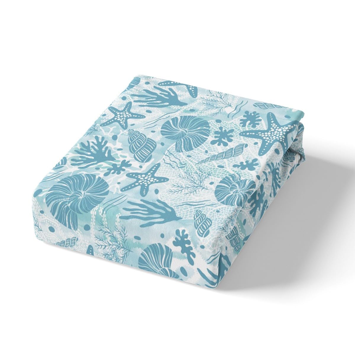 Seashell Conch Starfish Coral Fitted Sheet Queen Size,Coastal Ocean Beach Bedding Set 3Pcs,Underwater Life Print Bed Sheet Navy Blue Tie Dye Deep Pocket Sheet for Kids Teens Adult Bedroom Decor