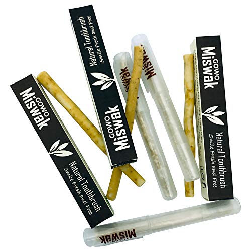 GOWO 3 Pack Miswak Sticks and Holders - Natural Teeth Whitening Kit - Natural Toothbrush - No Toothpaste Needed - Herbal Teeth Whitener and Breath Freshener - (Includes 3 Sticks and 3 Holders)