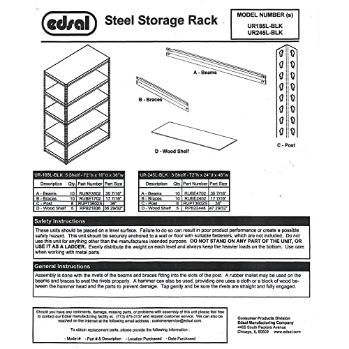 Edsal 48"W x 24"D x 72"H 5-Shelf Steel Shelving, Black