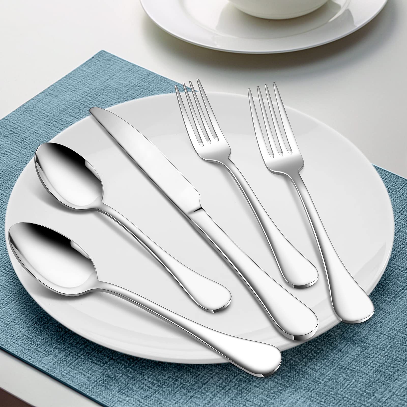 40-Piece Silverware Set for 8, E-far 18/10 Stainless Steel Flatware Cutlery Metal Eating Utensil Tableware Forks and Spoon Sets for Restaurant Wedding - Simple Fancy Style & Dishwasher Safe