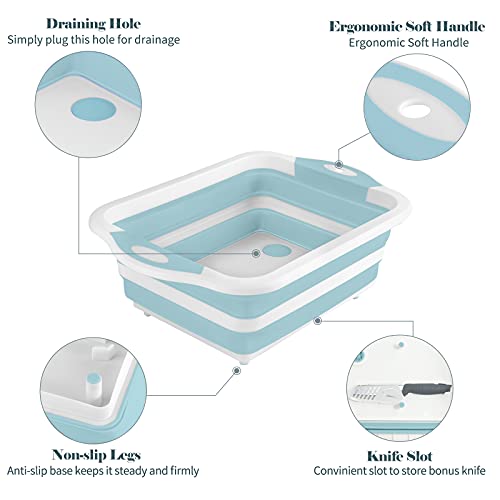 Rottogoon Collapsible Cutting Board, Foldable Chopping Board with Colander, Multifunctional Kitchen Vegetable Washing Basket Silicone Dish Tub for BBQ Prep/Picnic/Camping(Light Blue)