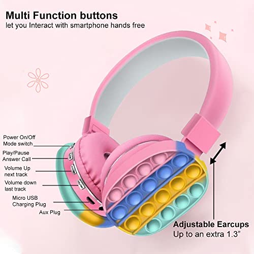 Acuvar Wireless or Wired Bluetooth 5.2 Rechargeable Over The Ear Headphones with Silicone Fidget Pop Bubbles Microphone, Powerful Surround Stereo Bass and Passive Noise Cancelling (Pink)