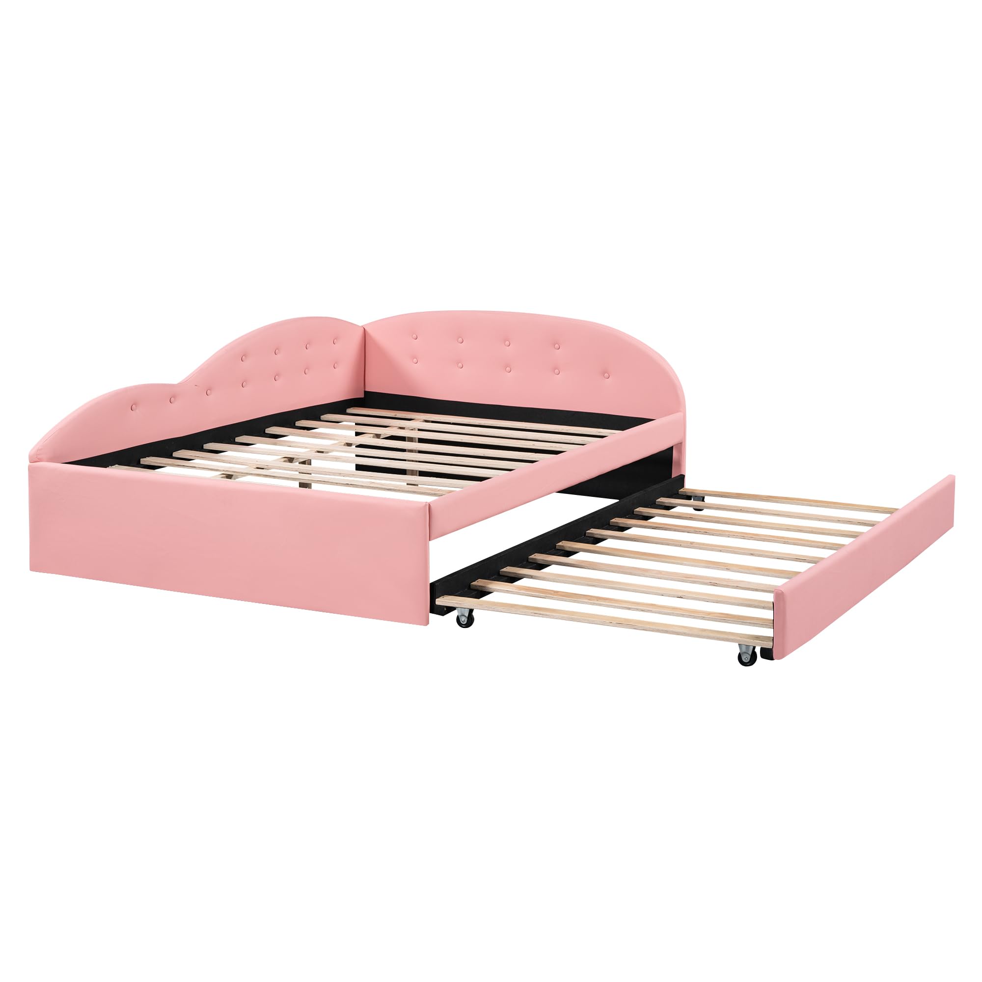 Acosure Full Size PU Upholstered Tufted Daybed with Twin Size Trundle and Cloud Shaped Guardrail,No Box Spring Required,Sofa Bed Frame for Kids Boys Girls Bedroom,Living Room,Pink
