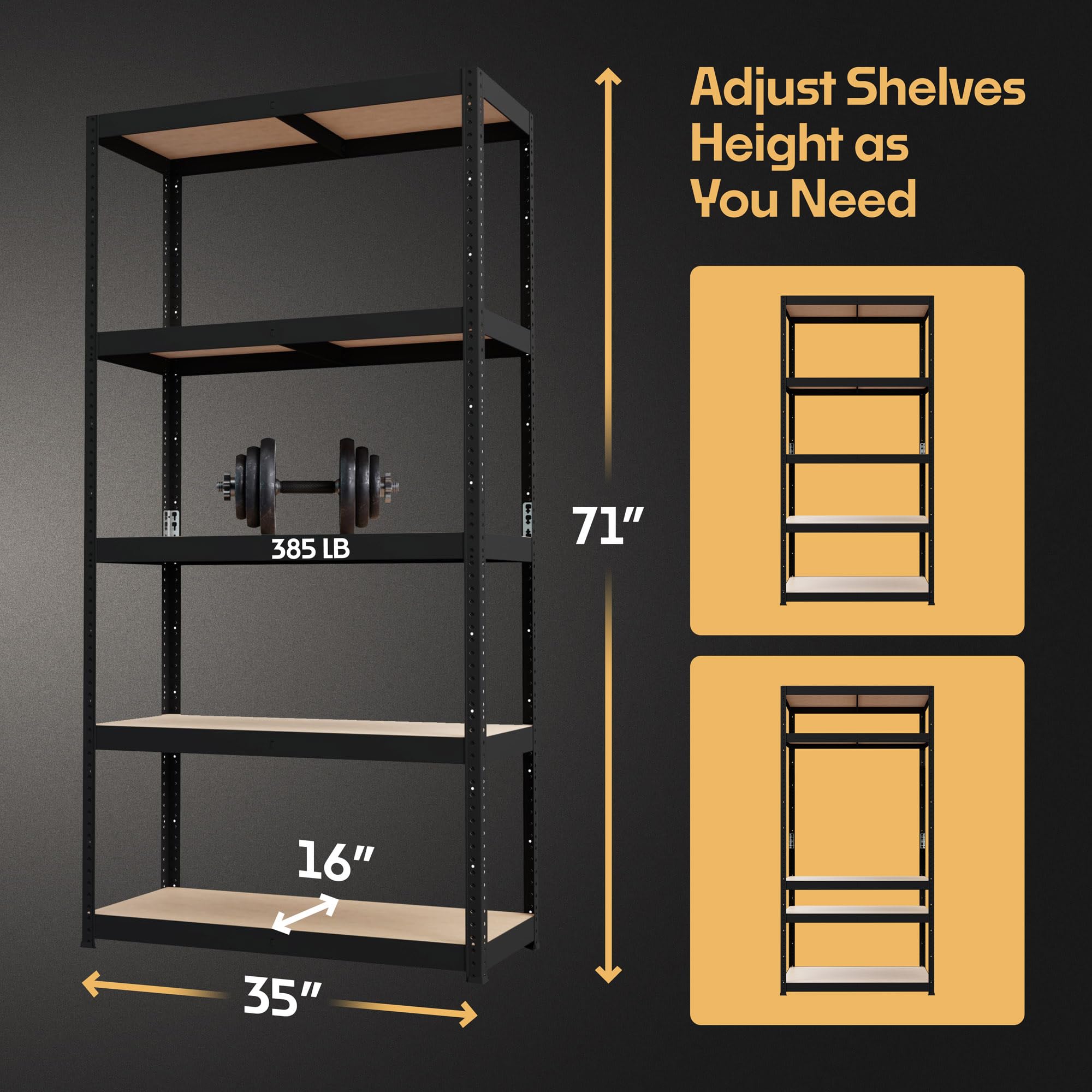 Metalkas Storage Shelves: 5 Storage Shelves Heavy Duty w/a 1.925 lb Total Load Capacity, 385 per Storage Shelf, 71x35x16 Perfect Solution for Your Storage Needs, Adjustable Shelving Unit