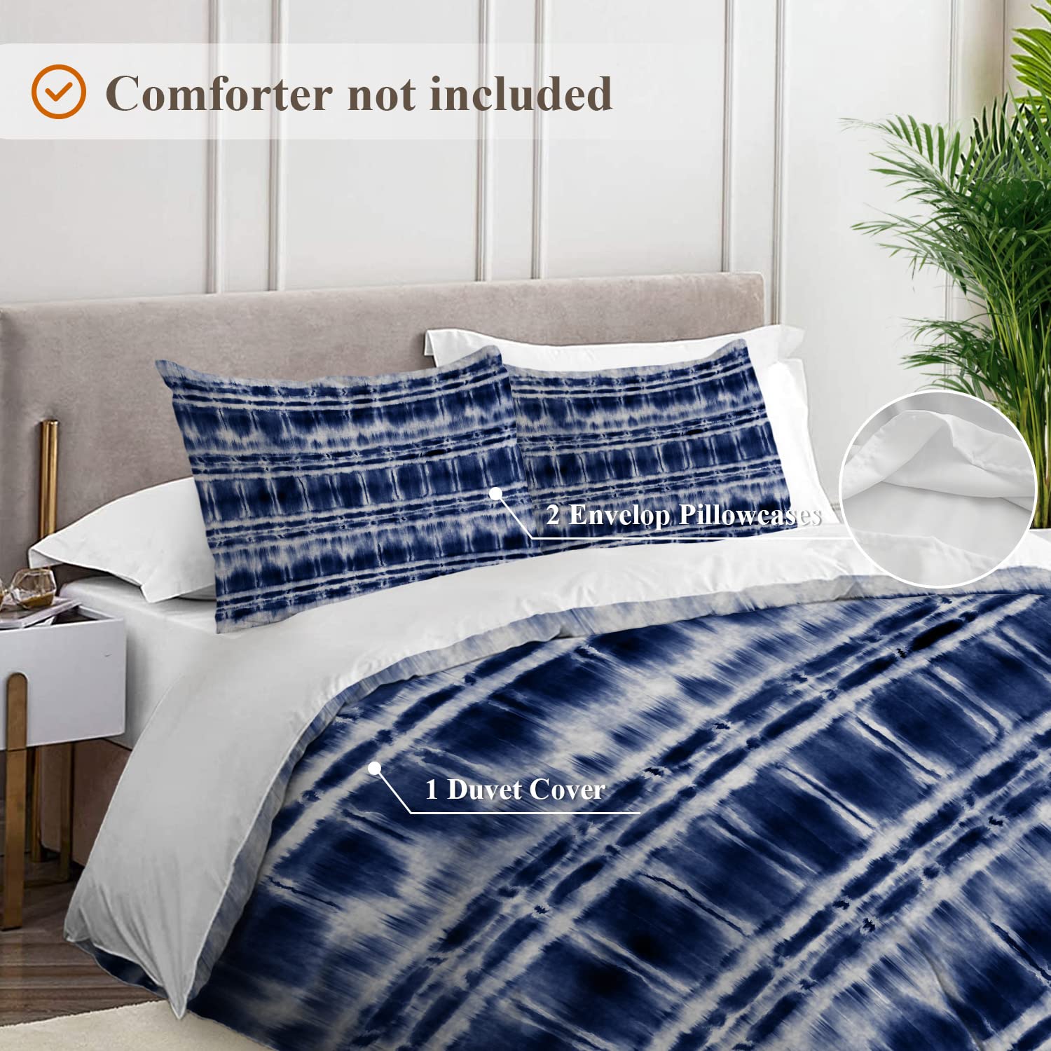 Shrahala Blue Tie Dye Duvet Cover Set Twin Size, Shibori Striped Navy Indigo Abstract Folk 3 Pieces Soft Brushed Duvet Covers with Button Closure, 100% Cotton (No Comforter)