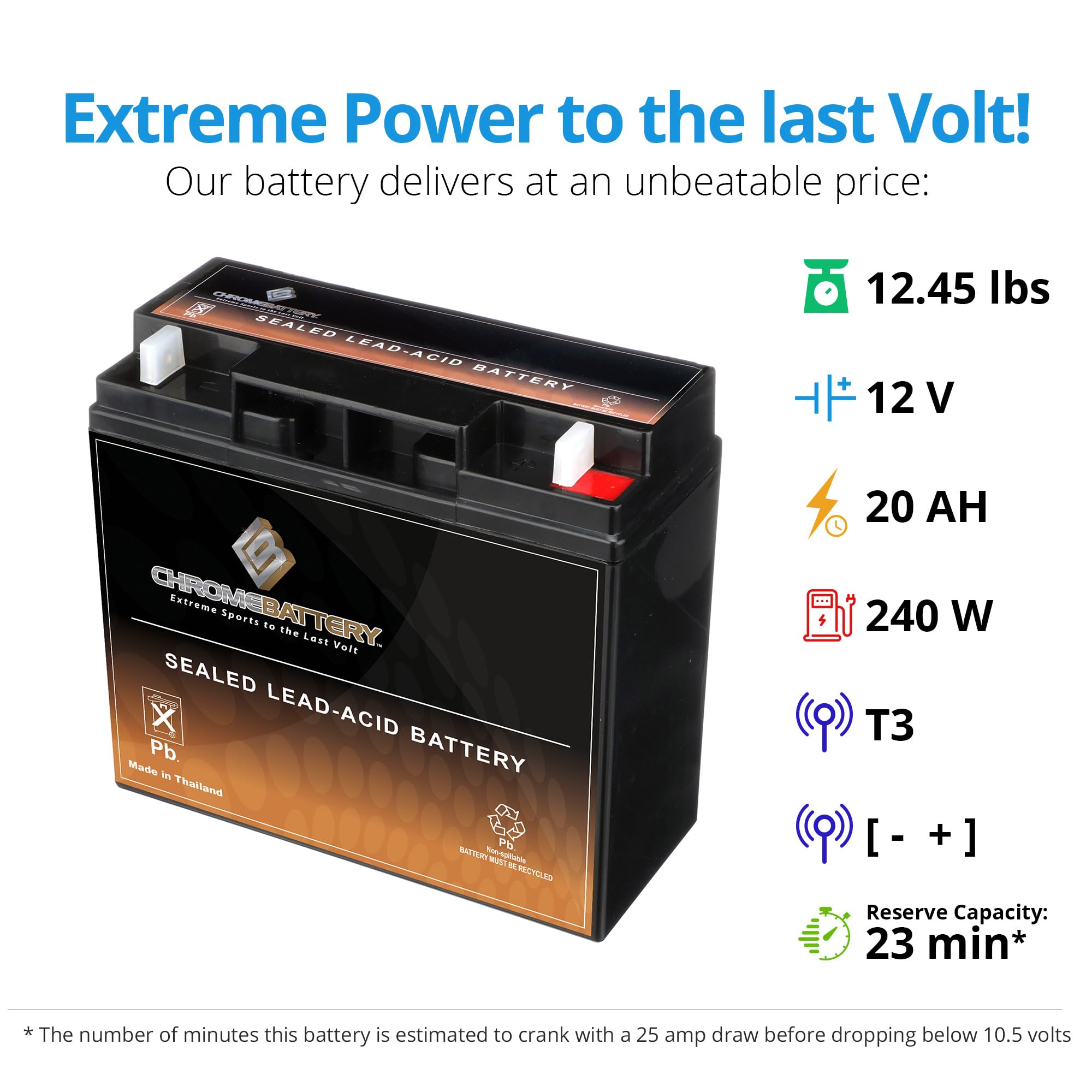 Chrome Battery 12V 20AH T3 Maintenance-Free Battery for Alarm Systems, Scooters, Toys, Emergency Lights, and More - Nut and Bolt (T3) Terminal 2 pack