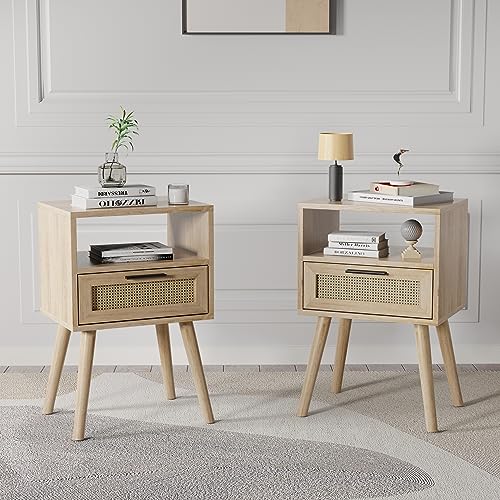AmzYuga Nightstands Set of 2, Bedside Table with Drawer, Modern End Table with Open Storage, Bed Side Table with Solid Wood Feet for Bedroom Set of 2, Boho Night Stands, Accent Tables, Natural