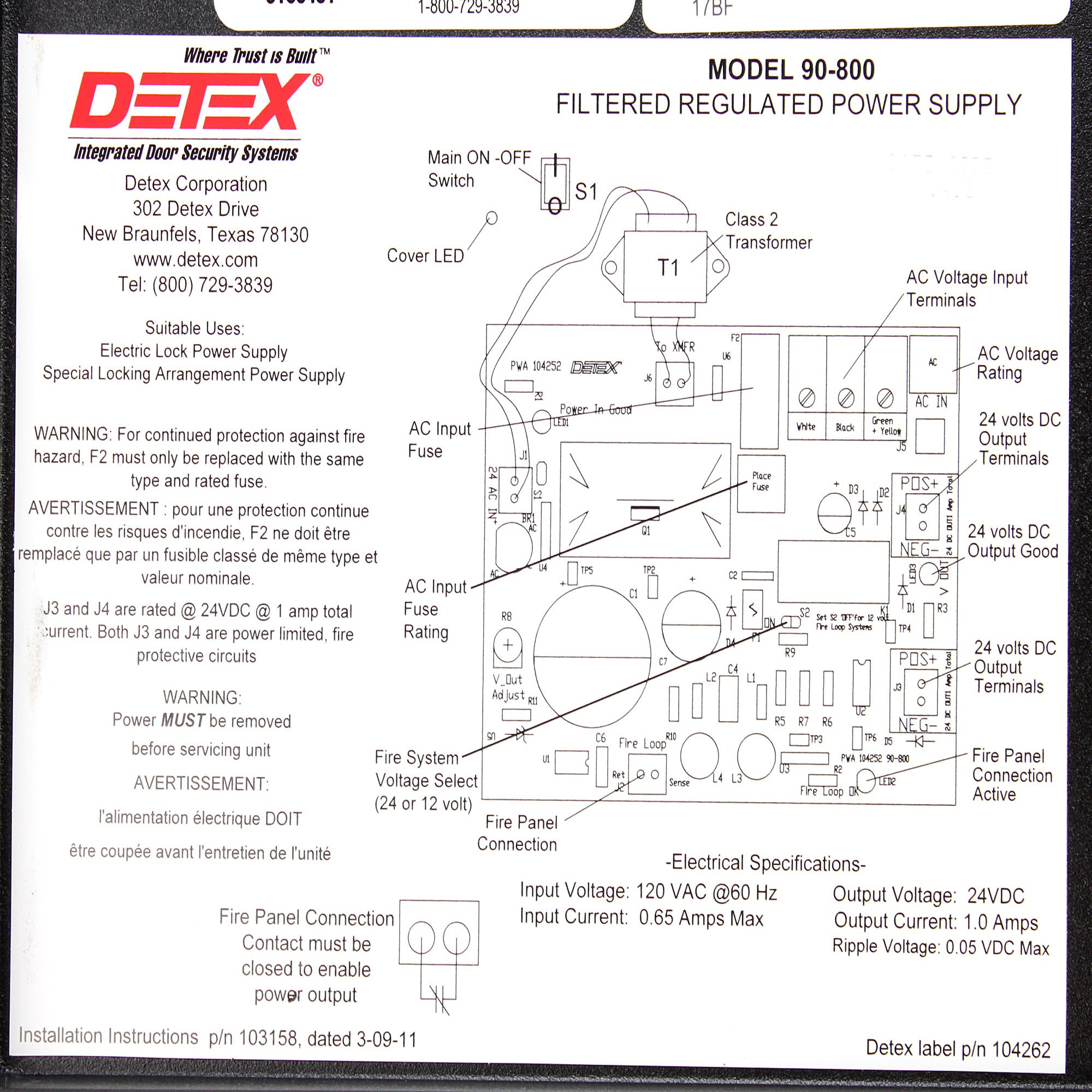 Detex 90-800 Series 800 Power Supply, Filtered Output, 120V, 24VDC, 1A