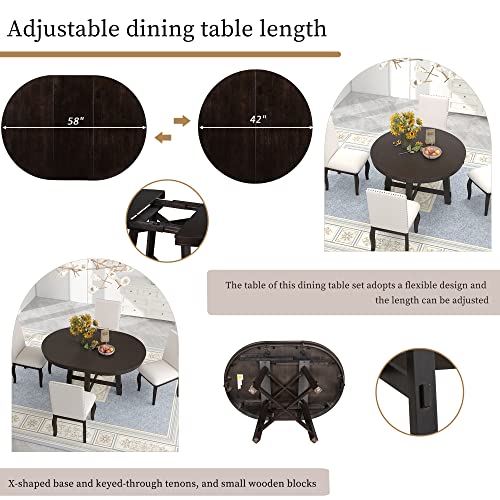 AMNOOL Farmhouse Round Extendable Dining Table with 16 Inch Leaf Wood Kitchen Dining Table Acacia Wood Finish X Base Length Adjustable for Dining Room, Kitchen (Espresso)