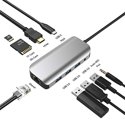 ZPLJ High-Speed 9 in 1 Hub with Ethernet Port 4K HDMI 3 USB 3.0 and USB-C Power Delivery 3.5mm Audio Support SD TF Card Reader Compatible for Flash Drive Laptops USB Hub Adapter Portable