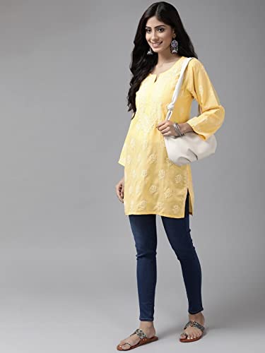 Ada Indian Hand Embroidered Chikankari Women's Cotton Top Tunic Shirt Blouse A911127 (XS, Yellow)