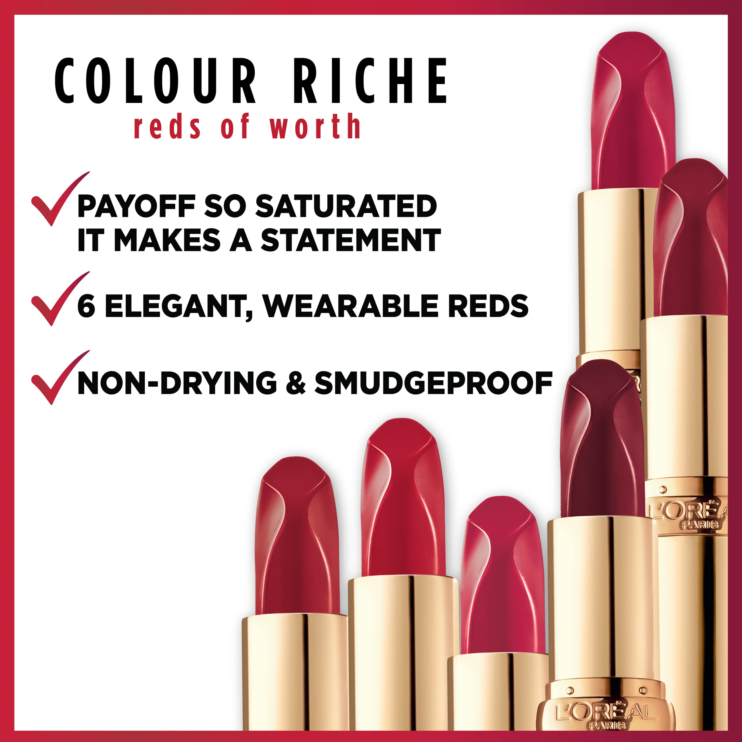 L'Oreal Paris Colour Riche Red Lipstick, Long Lasting, Satin Finish Smudge Proof Lipstick with Hydrating Argan Oil & Vitamin E, Reds of Worth, Prosperous Red, 0.13 Oz
