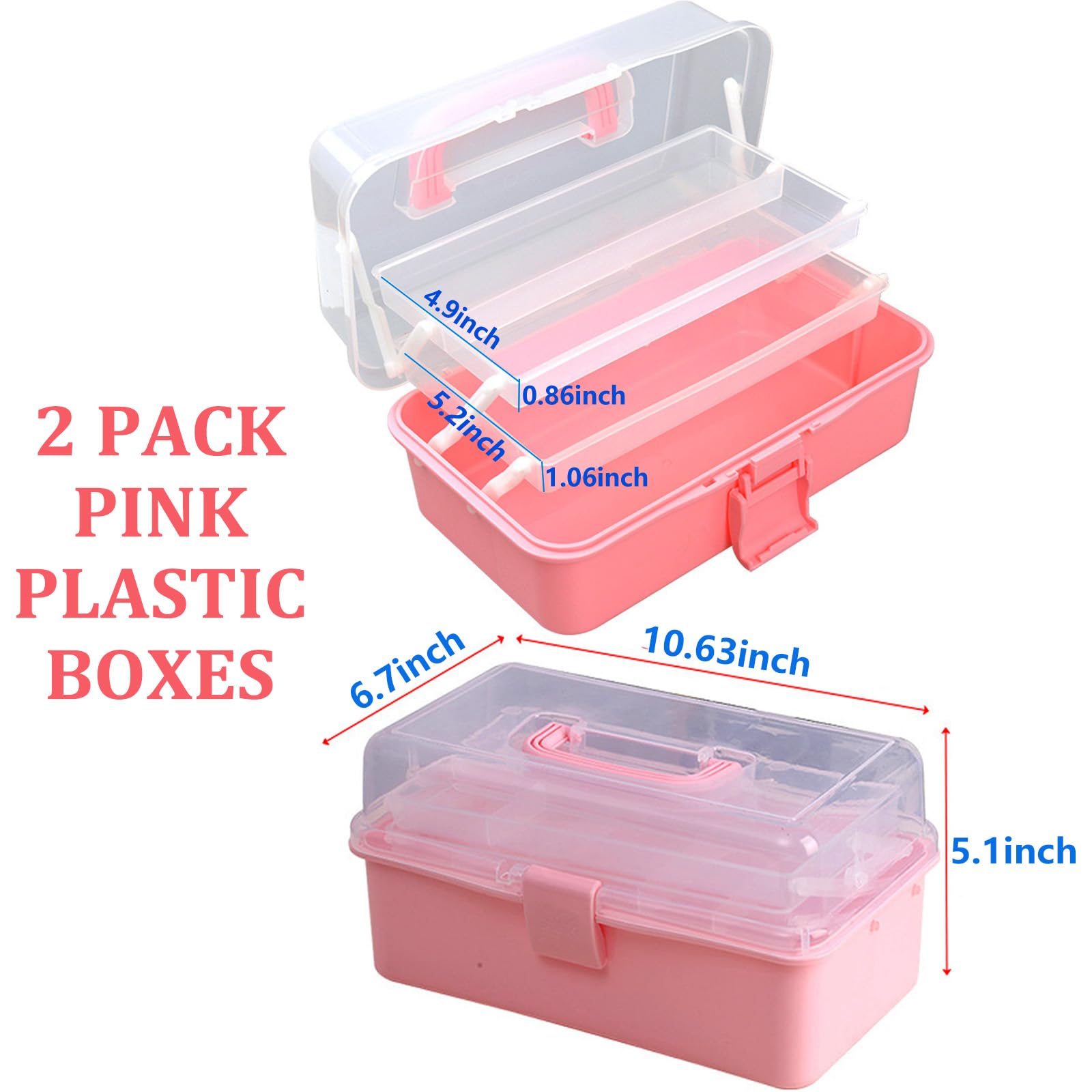 Acrux7 2 Pack Pink Tackle Box Organizer 3 Layers Craft Storage Organizers 10.6'' Plastic Portable Storage Box with Handle and 2 Trays, Folding Craft Box for Arts, Medicine, Sewing, Painting Supplies