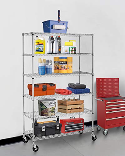 BestOffice 18x48x72 Wire Shelving with Commercial Wheels 6-Shelf Adjustable Heavy Duty Storage Shelves Metal Shelves Storage Unit Shelf,6000 LBS (Chrome)