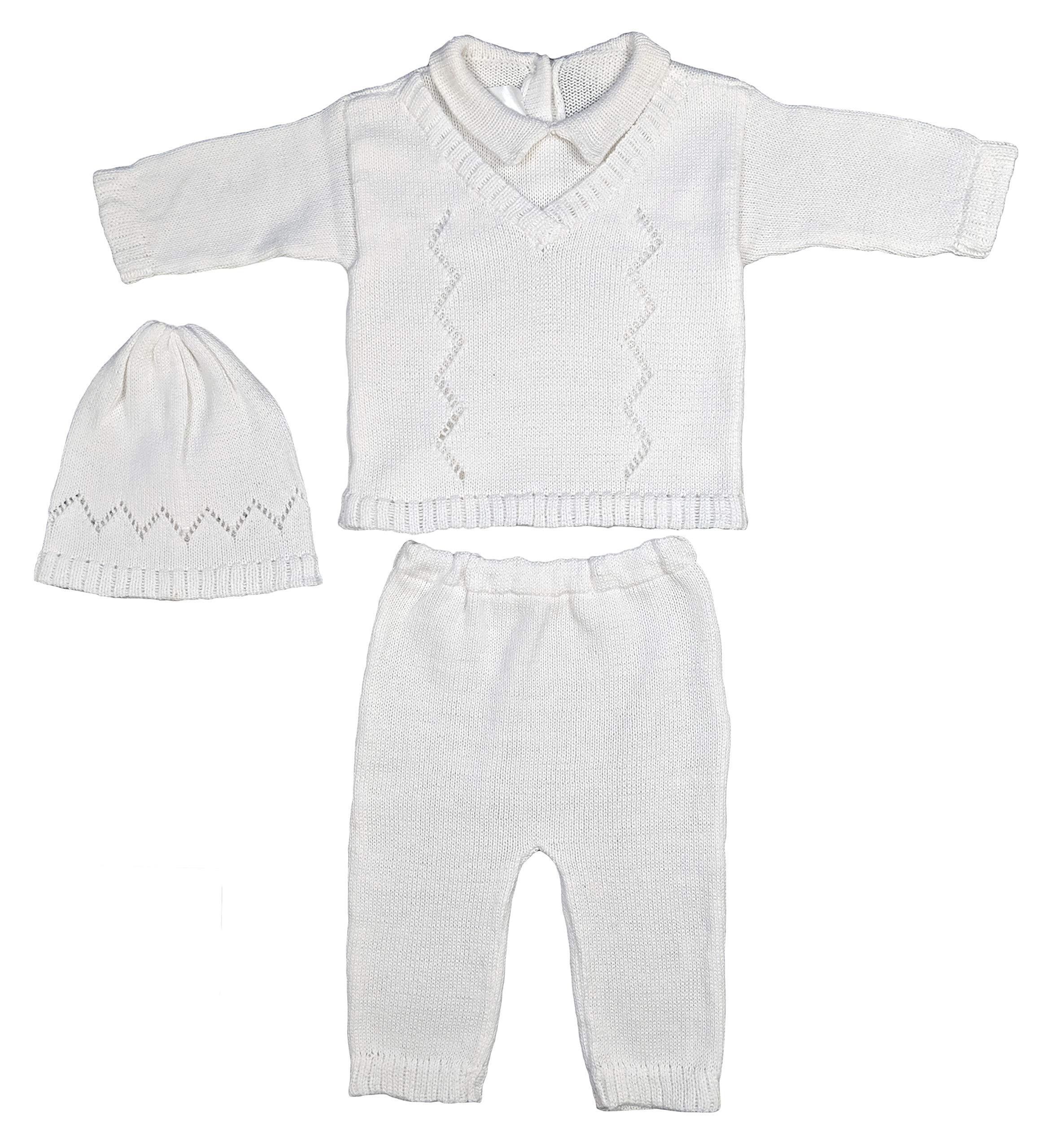 Baby's Trousseau Boy's White 3 Piece Cotton Christening Baptism Knit Outfit - 6 Month