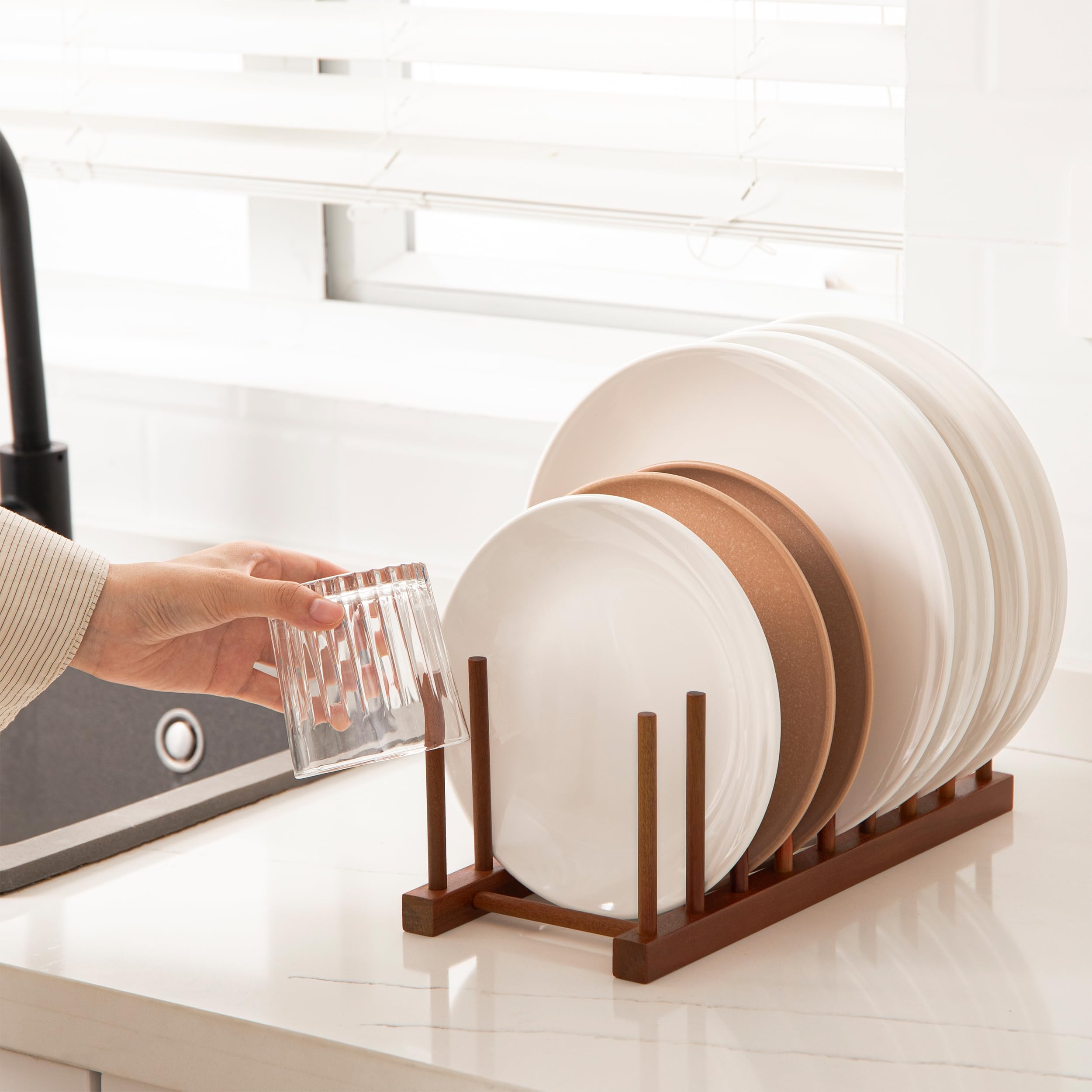 HBlife Teak Dish Plate Bowl Cup Book Pot Lid Cutting Board Drying Rack Stand Drainer Storage Holder Organizer Kitchen Cabinet(Keep Dry)