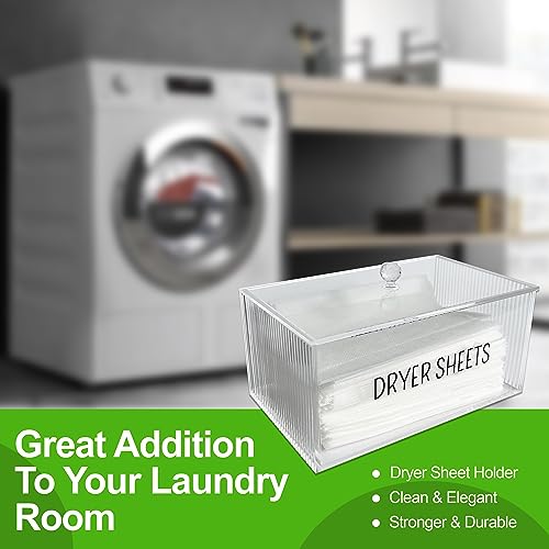 Acrylic Dryer Sheet Holder , Dryer Sheet Dispenser with Lid , Laundry Room Decor & Organization , ModernStyle Multi-Purpose Laundry Pods , Dryer Balls , Free pet hair remover for laundry