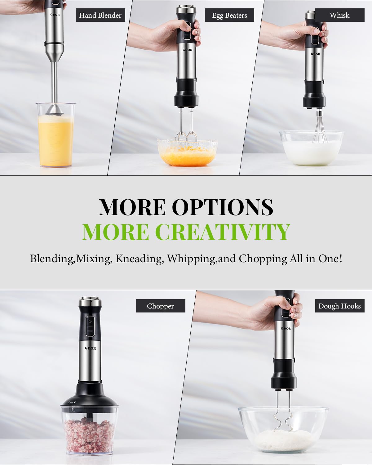 6-in-1 Immersion Blender Handheld 1000W 20-Speed & Turbo Mode, GDOR Scratch Resistance Hand Blender with Dough Hooks, Egg Beaters, Whisk, 800ml Beaker, 600ml Chopper Titanium Blades, BPA-Free, Silver