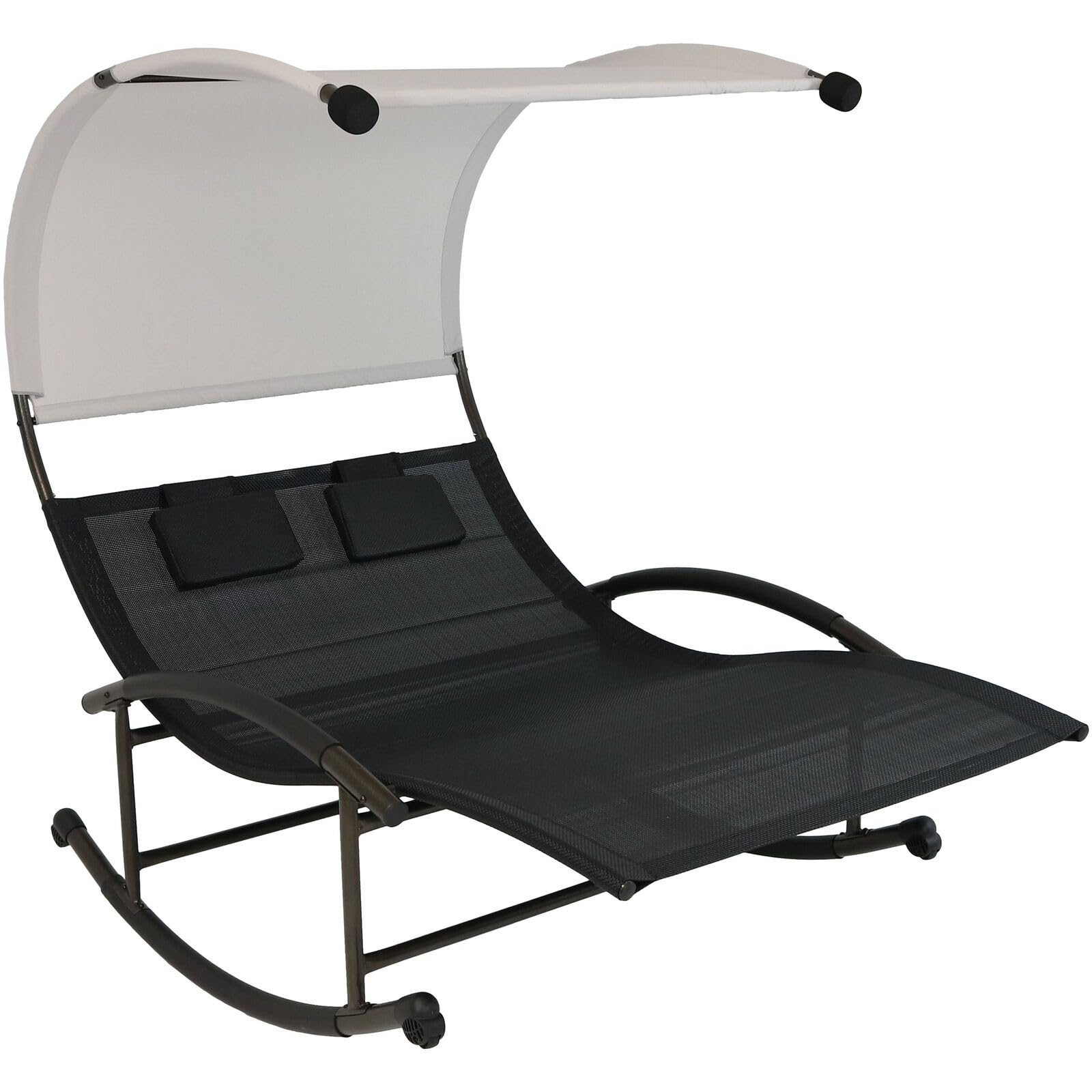 Double Rocking Chaise Lounge Bed with Canopy and Pillows - Black
