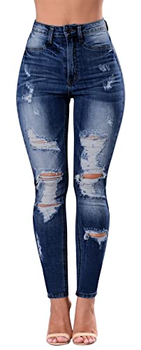 AMRSPENG Women's Ripped Jeans for Women High Waisted Jeans Distressed Jeans for Women Stretch Denim Pants Dark Blue Size 12