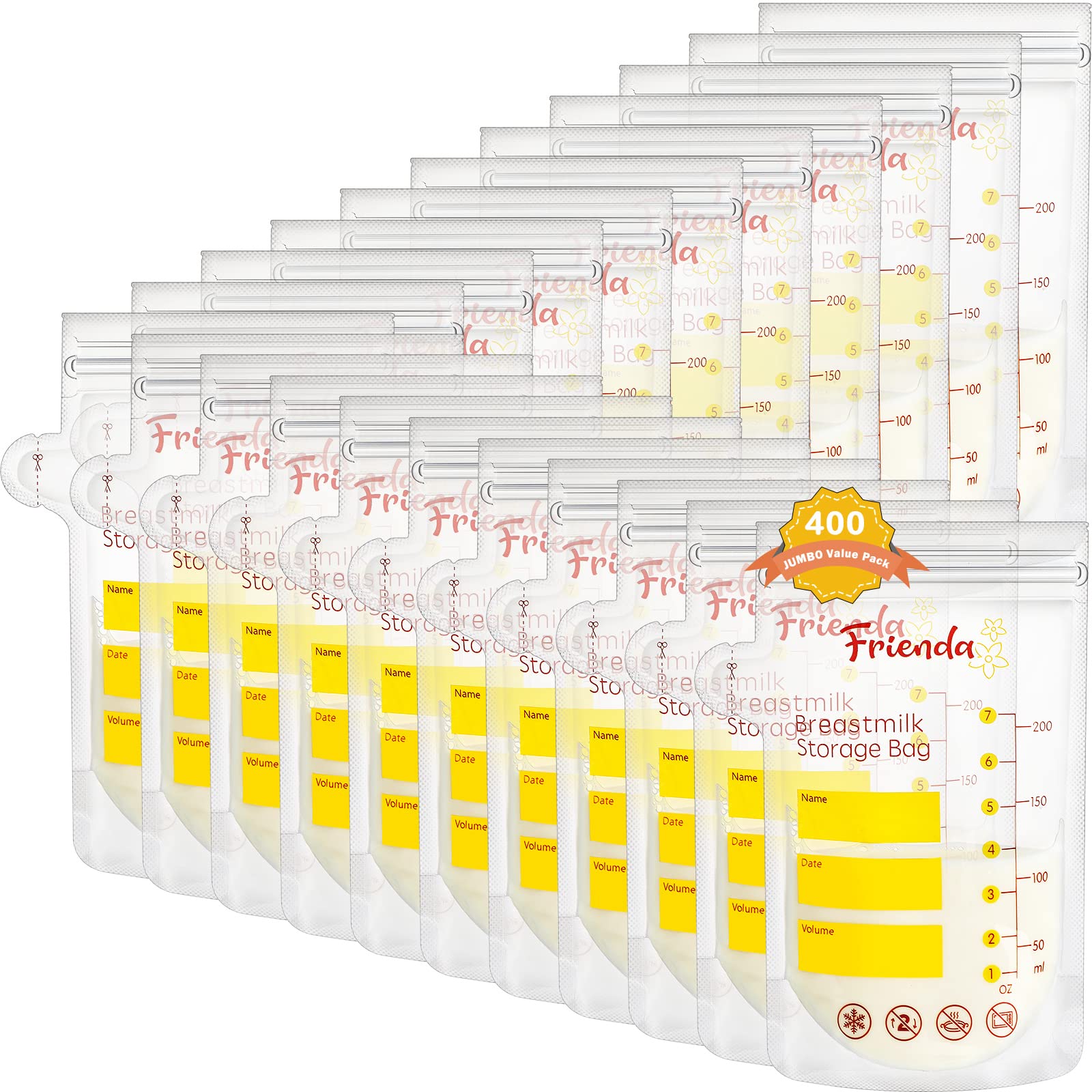 400 Count Breastmilk Storage Bags 7 oz Breast Milk Storage Bag Leak Proof Double Zipper Seal Breast Milk Storing Bags Self Standing Milk Storage Bags for Breastfeeding Refrigerator or Freezer