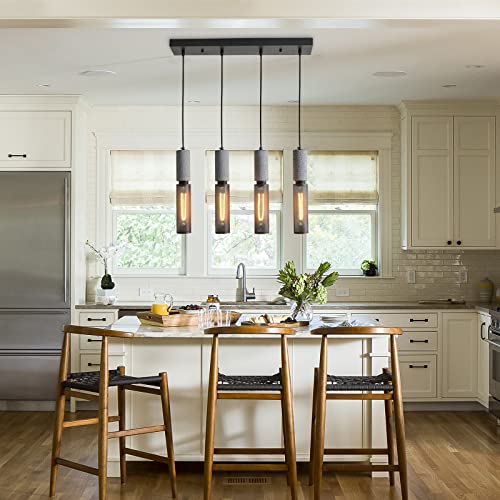 ADCTHOME 4-Light Concrete Linear Pendant Light with a Metal Mesh Shade,Modern Industrial Hanging Cement Pendant Lighting for Kitchen Island Bedroom Living Room Dining Room Light Fixture
