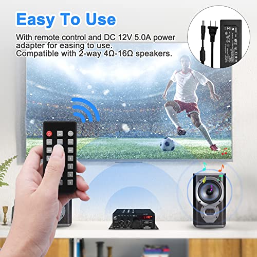 AK-380 USB SD BT.C FM AUX Audio Power Amplifier 400W+400W 2.0 CH HiFi Stereo AMP Speaker Bluetooth 5.0 Amp Receiver with 12V 5A Power Supply,Remote Control,FM Antenna for Car Home Bar Party