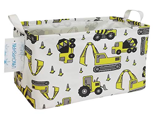 LANGYASHAN Rectangular Storage Bin Collapse Canvas Fabric Cartoon Storage Basket with Handles for Organizing Home Kitchen Boys and Girls Toys Office Closet Shelf Baskets (Rec Engineering Vehicle)