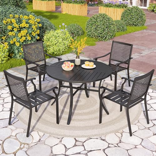 PHI VILLA 5 Pieces Outdoor Round Dining Set for 4, Steel Circle Table with Umbrella Hole & Stacking Wrought Iron Chairs, Morden Dining Furniture Set for Patio, Deck, Yard, Porch