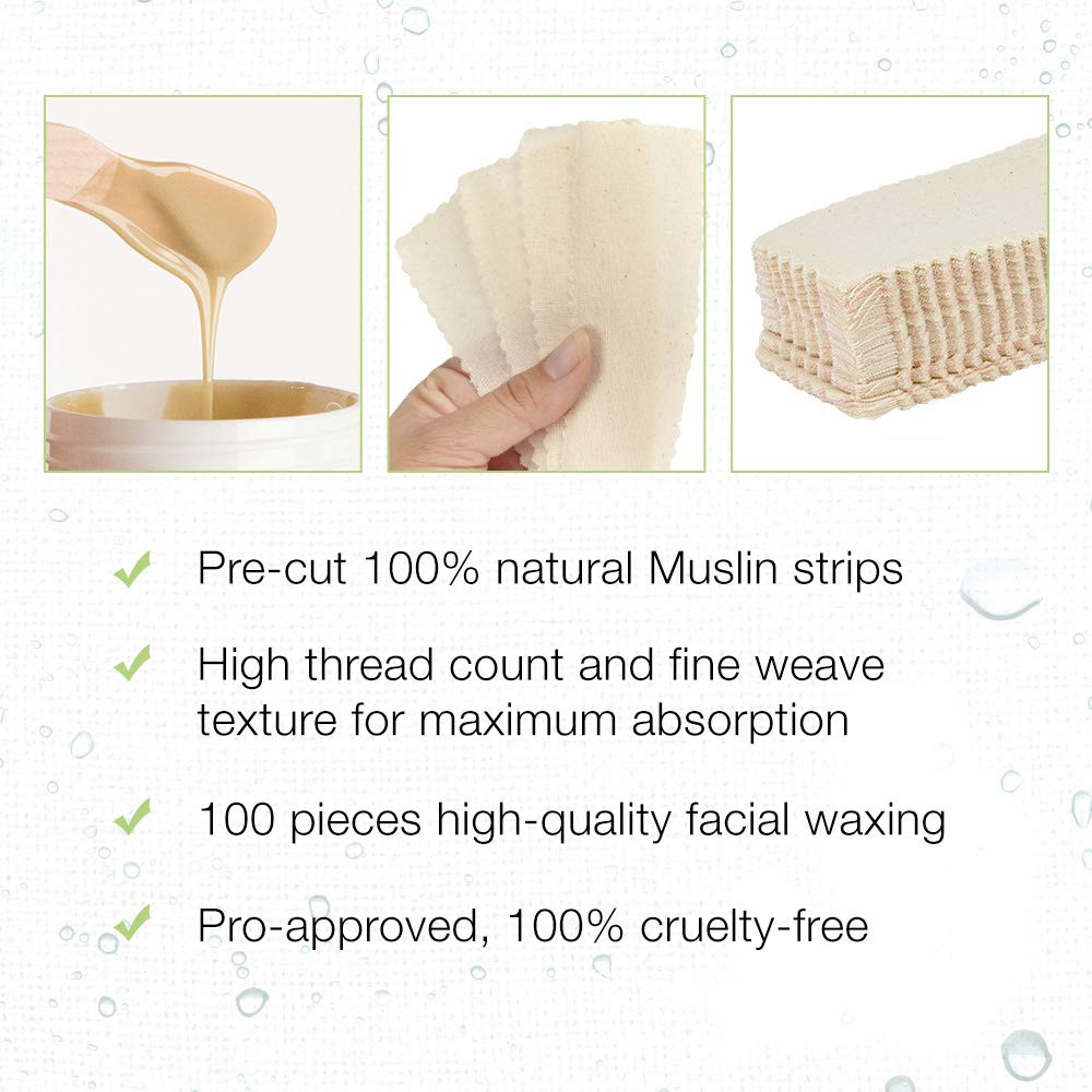 Clean + Easy Small Facial Muslin Wax Strips for Hair Removal, Pre-Cut Durable Muslin Epilating Strips to Remove Unsightly Hairs from the Face - 1 3/4" X 4 1/2", 100 count