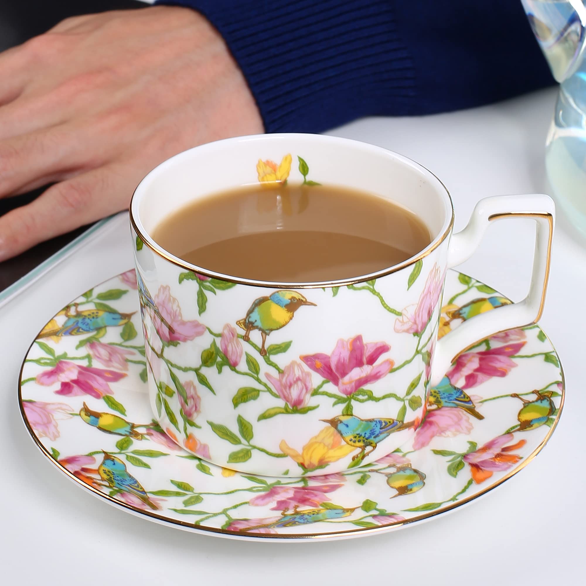 9 Ounces Teacup and Saucers Set Vintage Floral Tea Cups Set Bone China TeaCups Coffee Tea Cup for Tea Party Women Mom (White)