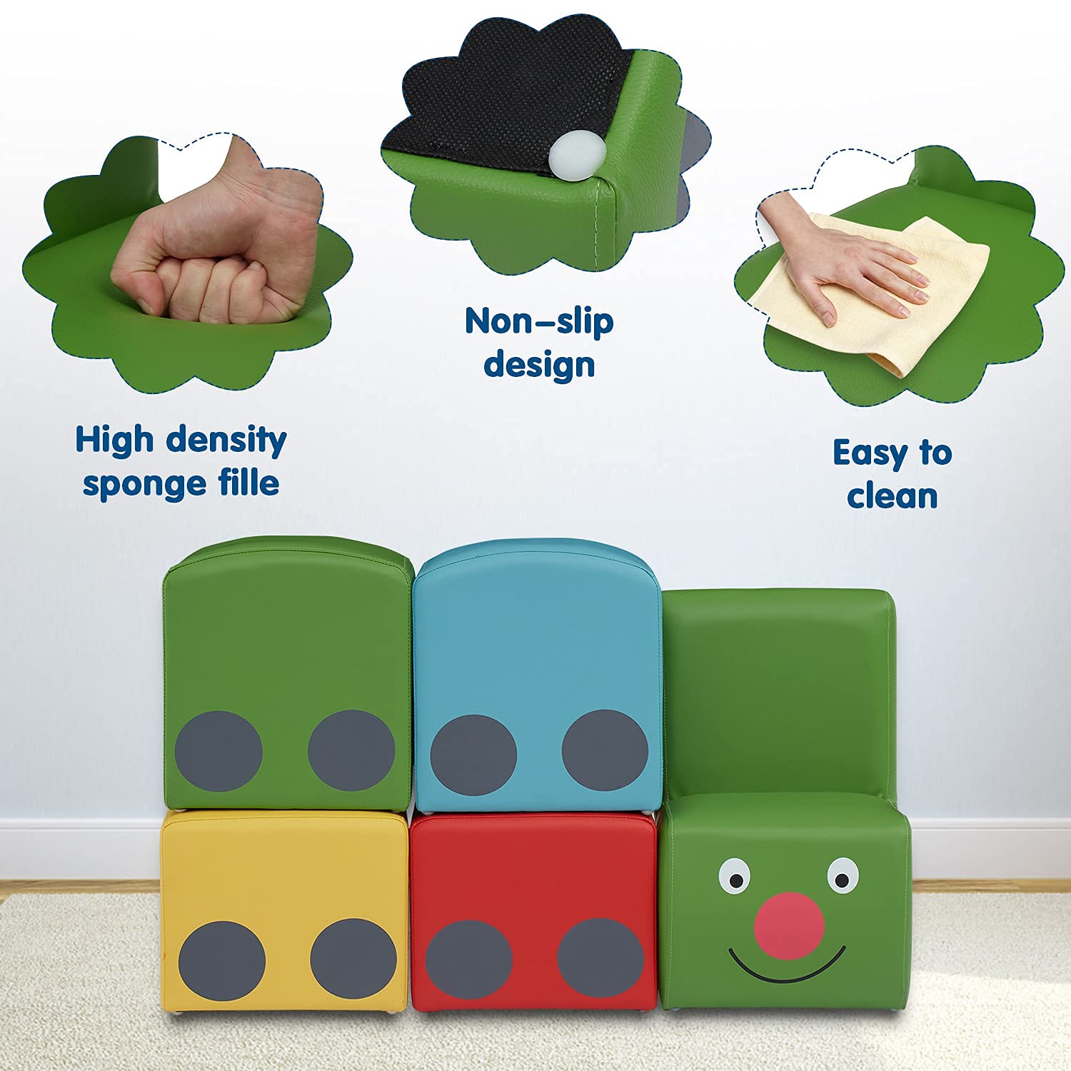 Kinsuite 5 Pcs Kids Sofa Set - Soft Foam Stool Colorful Cartoon Leather Chair for Classroom Daycares Kindergarten Nursery Train