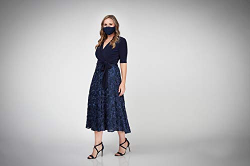 Alex Evenings Women's Tea Length Jersey and Rosette Lace Dress (Petite and Regular), Navy Tie Front, 6