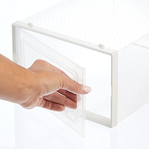 mDesign Stackable Plastic Closet Storage Box with Side Opening Panel- for Organizing Mens and Womens Shoes, Booties, Pumps, Sandals, Wedges, Flats, Heels, and Accessories, 2 Pack - White/Clear