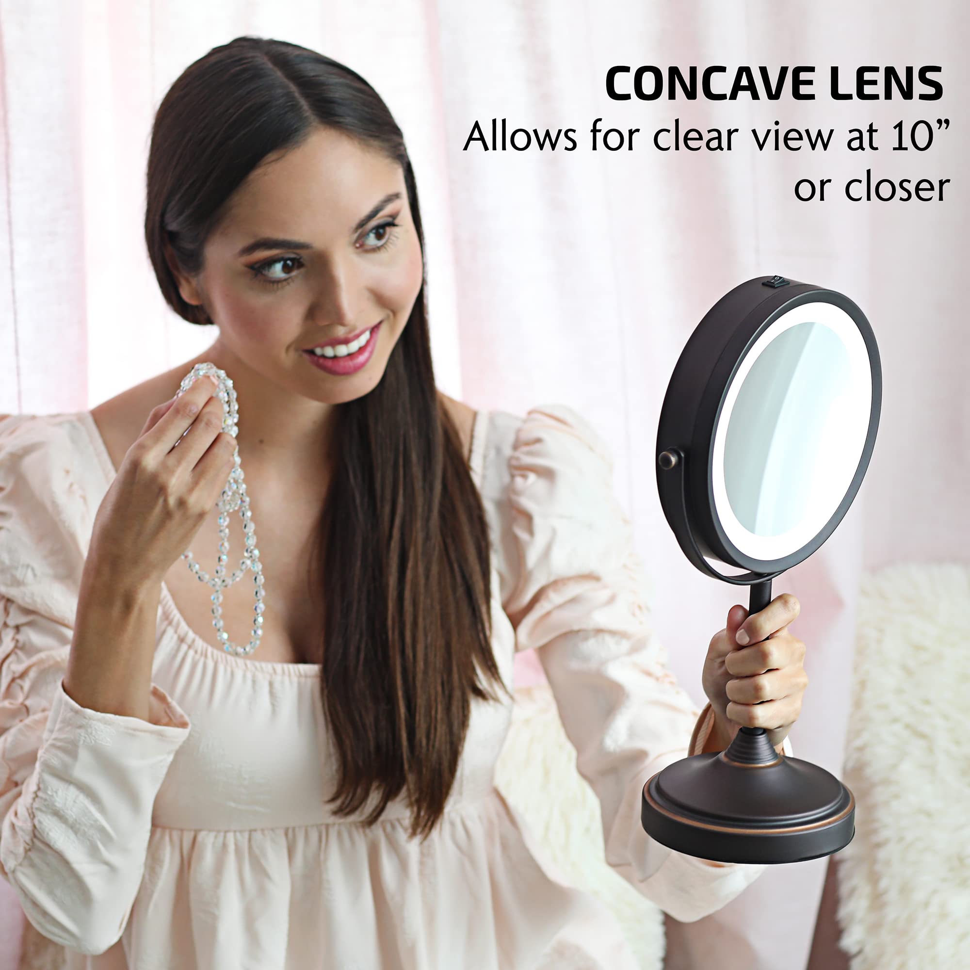 OVENTE 7'' Lighted Makeup Mirror with 1X/7X Magnification, Cordless Tabletop Mount Vanity Mirror with 360° Swivel Design & Double Sided Glow Cosmetic White LED Ring Light, Antique Bronze MCT70ABZ1X7X