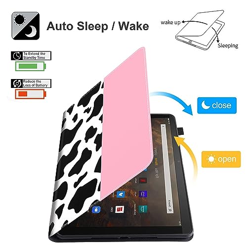 Case Compatible with Amazon All-New Kindle Fire 7 Tablet (2022 Release-12th Generation) Latest Model 7,Slim Fit Foldable Standing Cover Case with Auto Sleep/Wake,Cow Print and Pink