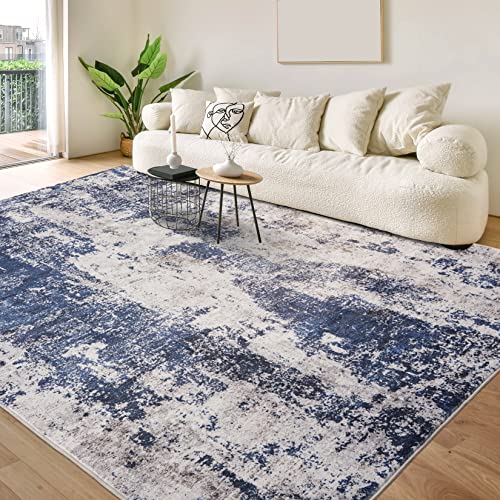 Area Rug Living Room Rugs: 5x7 Large Soft Indoor Carpet Modern Abstract Decor Rug with Non Slip Rubber Backing for Under Dining Table Nursery Home Office Bedroom Blue