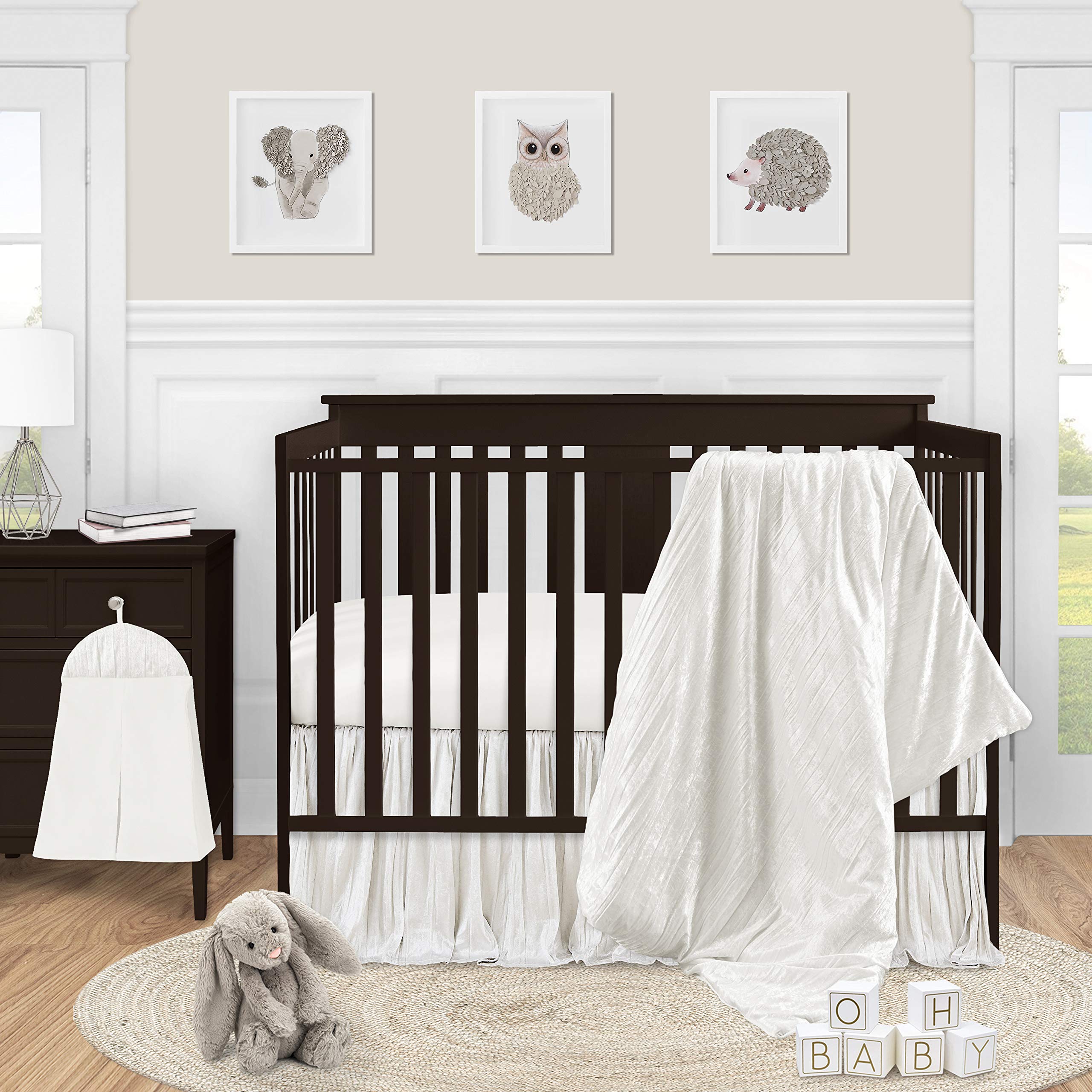 Sweet Jojo Designs Ivory Velvet Baby Girl Nursery Crib Bedding Set - 4 pieces - Solid Color Off White Cream Crinkle Crushed Luxurious Elegant Boho Shabby Chic Vintage Luxury Princess Boutique Designer
