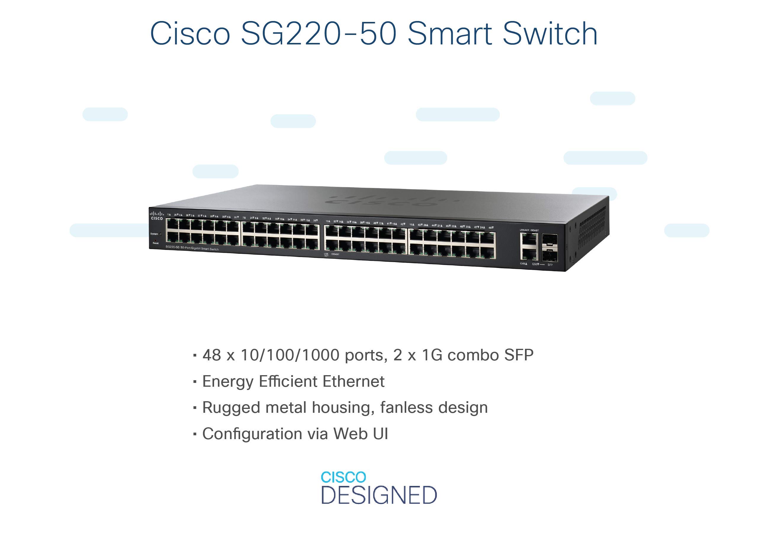 Cisco SG220-50 Smart Switch | 50 Gigabit Ethernet (GbE) Ports | 2 Gigabit Ethernet Combo Mini-GBIC SFP | Limited Lifetime Protection (SG220-50-K9-NA)