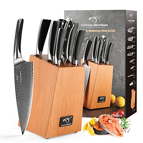9 Pieces Damascus Kitchen Knife Set, Kitchen Knife Set with Block, ABS Ergonomic Handle for Chef Knife Set, Knife Sharpener and Kitchen Shears, Knife Block Set for Chopping, Slicing & Cutting