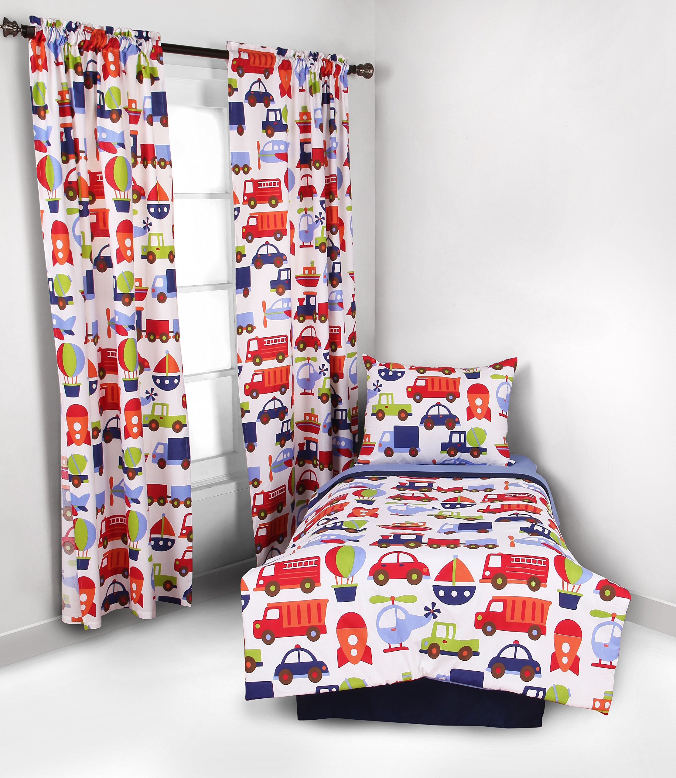 Bacati - Transportation Blue 4 Piece Boys Toddler Bedding Set 100 Percent Cotton Includes Reversible Comforter, Fitted Sheet, Top Sheet, and Pillow Case for Boys