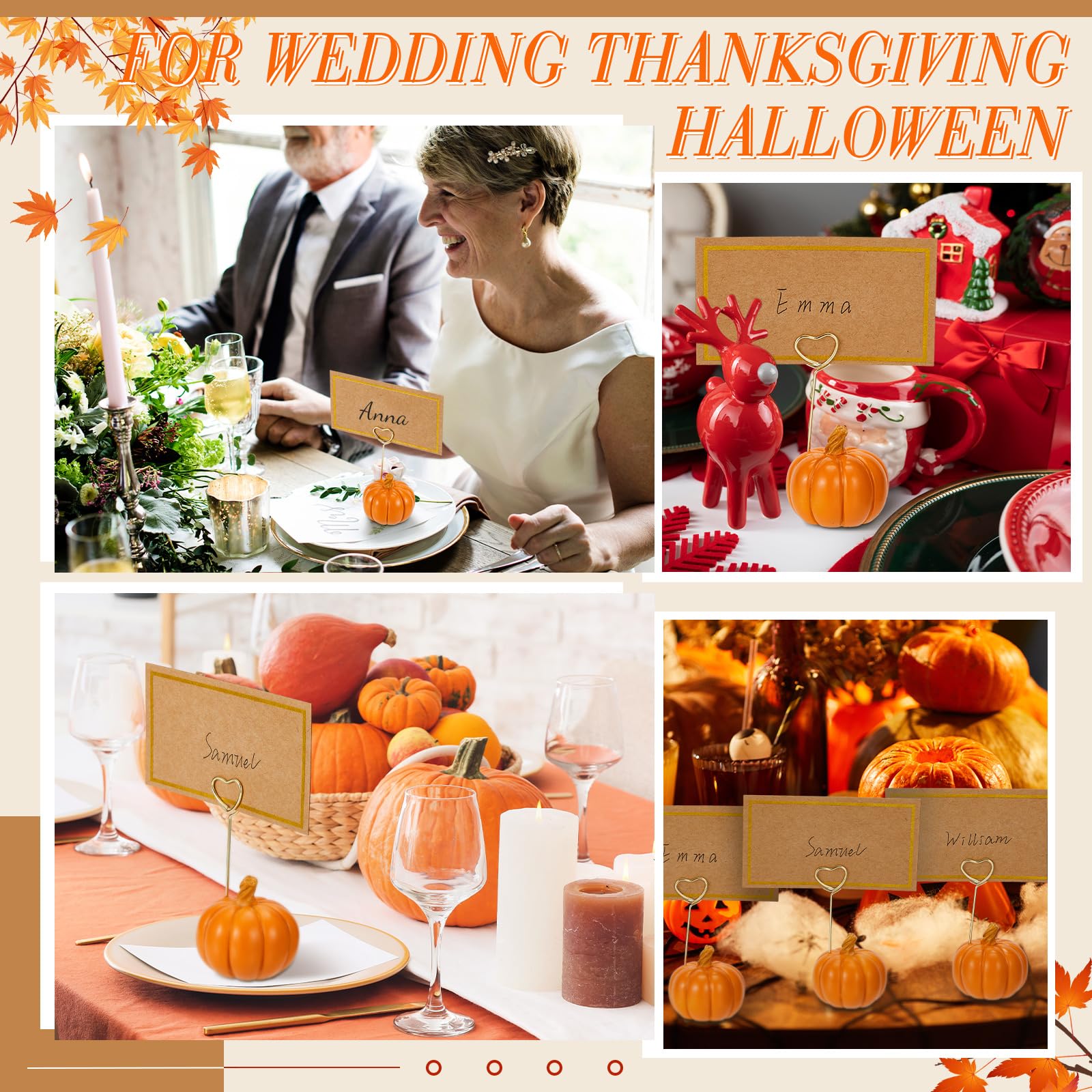 Qeeenar 20 Sets Thanksgiving Pumpkin Place Card Holders Fall Paper Name Cards for Table Setting, Resin Thanksgiving Table Decor Mini Pumpkin Table Number Holder for Wedding Thanksgiving Party(Orange)